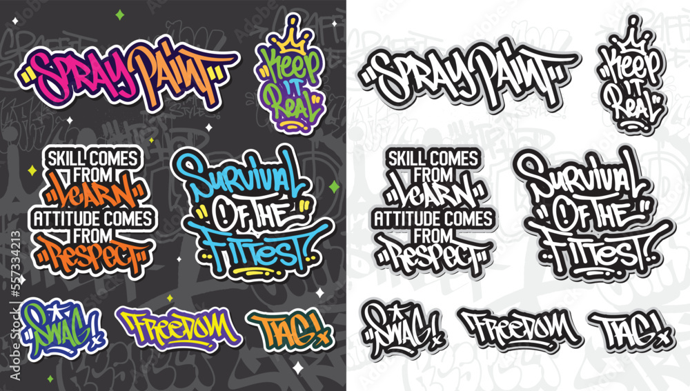 A set of colorful or vibrant graffiti art stickers. Street art theme ...