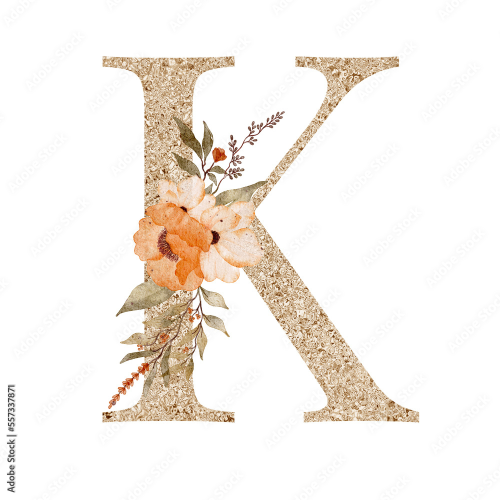 Floral alphabet, gold letter with watercolor flowers and leaf Stock ...
