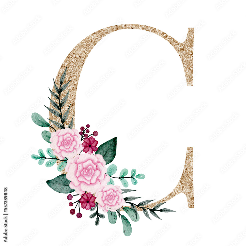 Floral alphabet, gold letter with watercolor flowers and leaf Stock ...