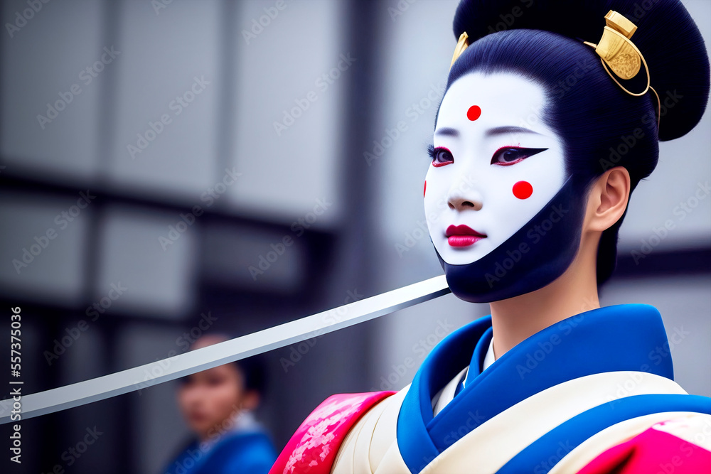 Japanese female soldier with white painted face with red circles and ...