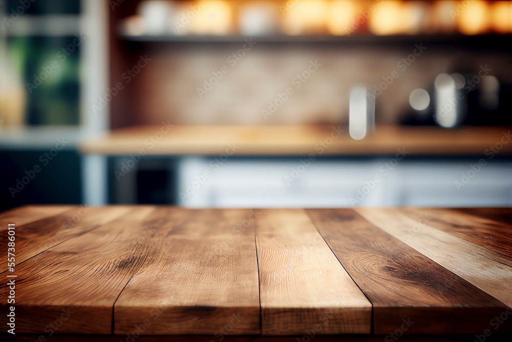 Kitchen table background. Empty wooden desk or board with blur home ...