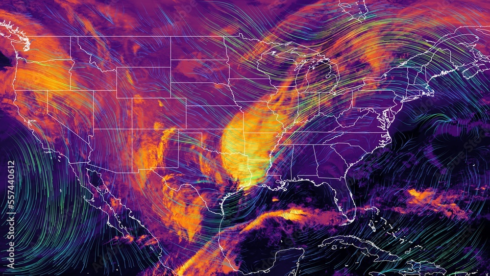 Satellite weather map over North America overlayed with wind ...