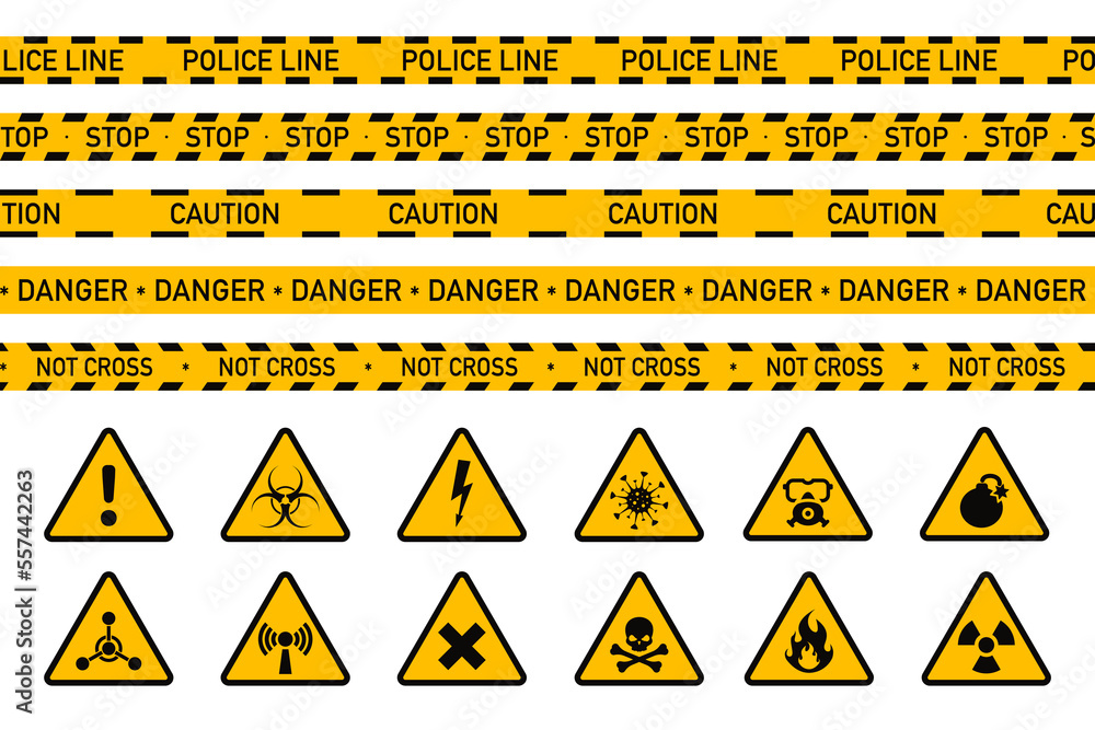 Danger warning ribbon and sign, yellow alert triangles and ribbon ...