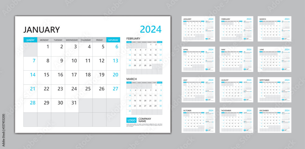 Monthly calendar template for 2024 year blue concept, desk calendar ...