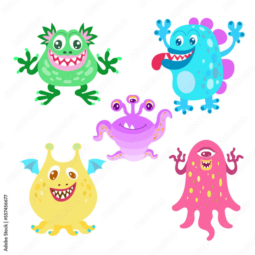 Set of funny cartoon monsters. Children's theme. For the design of ...