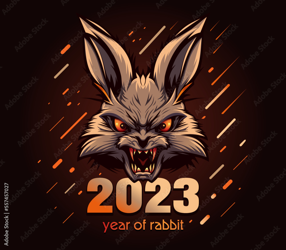 2023 year of rabbit. Angry furious rabbit rabbit with burning eyes and ...