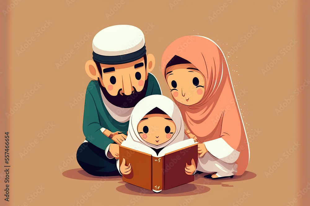 Father, Mother, and their Young Son Reading the Holy Book on the Floor ...