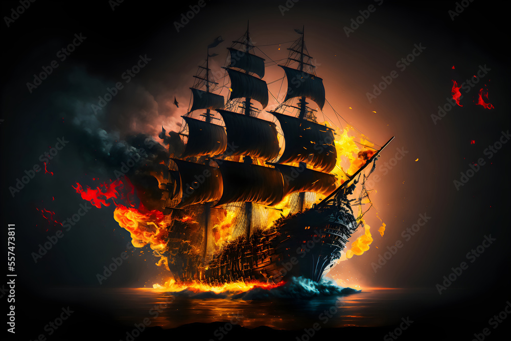 A fierce battle between a pirate frigate with black sails and a Demon ...