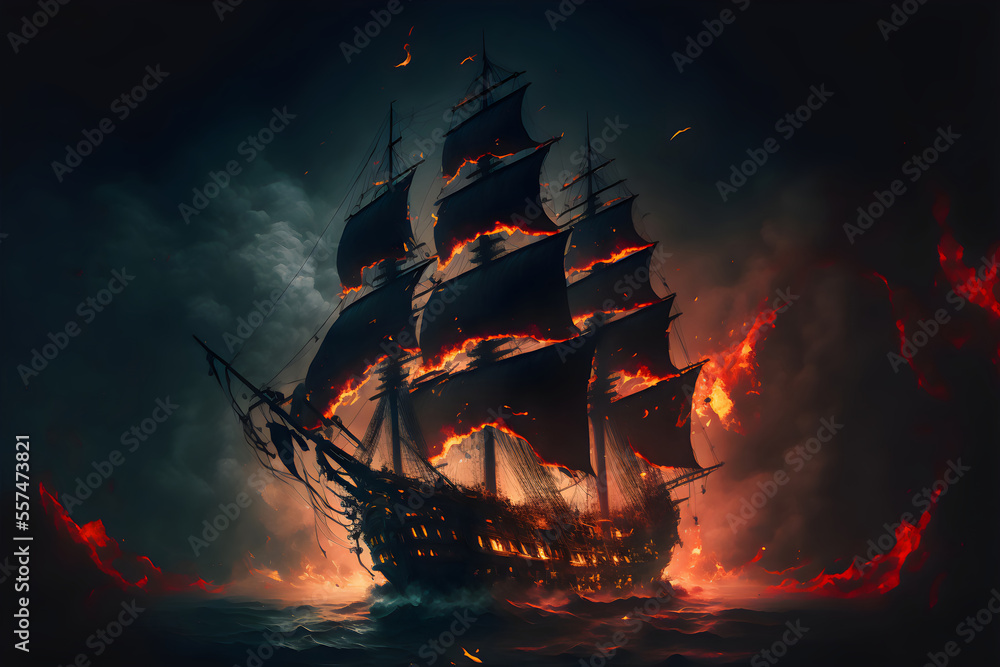 A fierce battle between a pirate frigate with black sails and a Demon ...