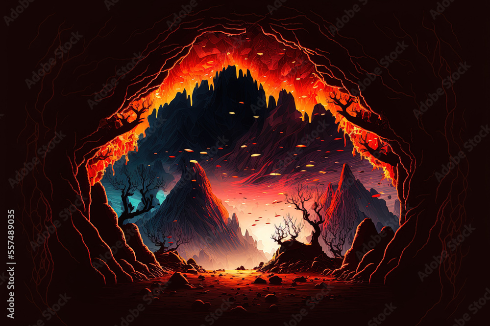 Stockillustratie Raster illustration of a stunning cave in the rock ...