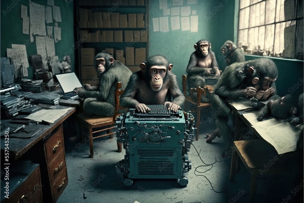 A lot of monkeys with lot of typewriters in small room, created with ...