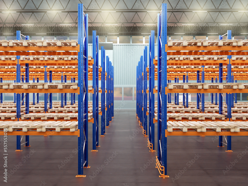Warehouse inside factory. Racks with wooden pallets. Storage building ...