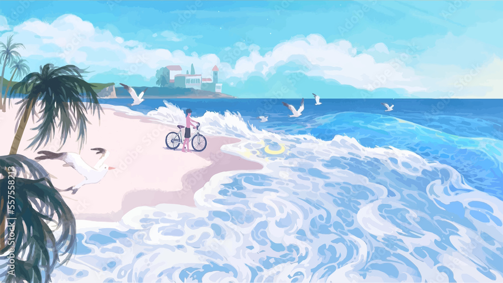 anime boy with his cycle in the beach Stock Illustration | Adobe Stock