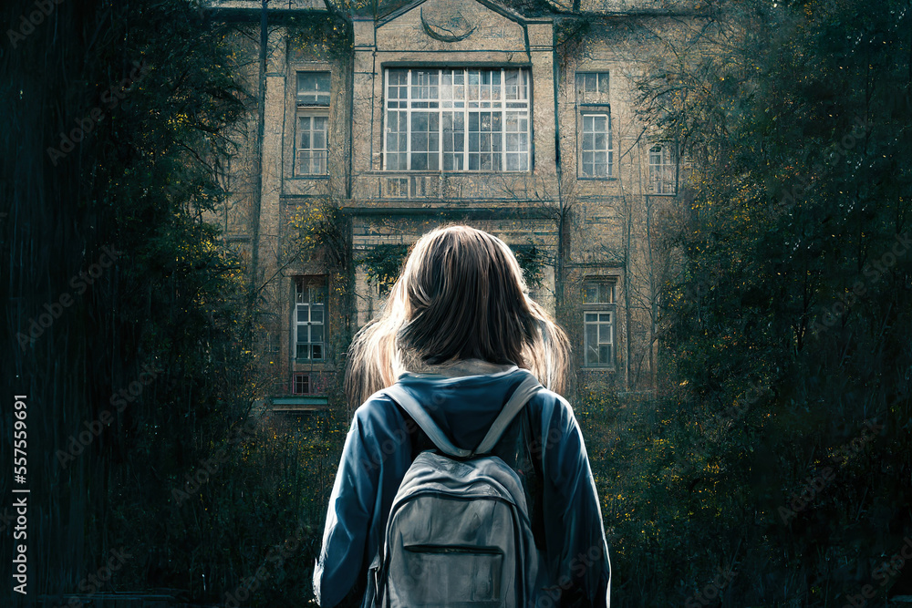 Teenage girl is afraid to return to school. She stand and look on ...