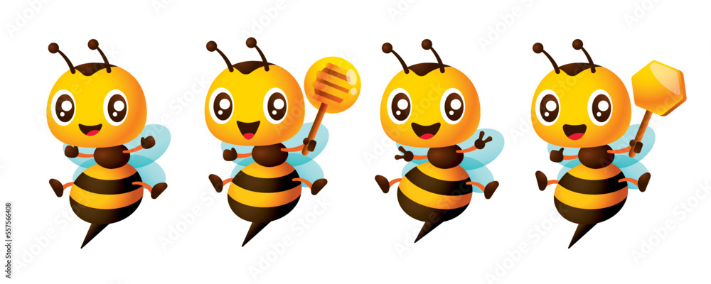 Cartoon cute bee mascot set with different poses, bee open arms ...