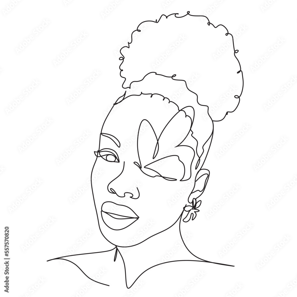 Vector de Stock Line Art Woman Face Drawing. Black Woman Vector. Afro ...
