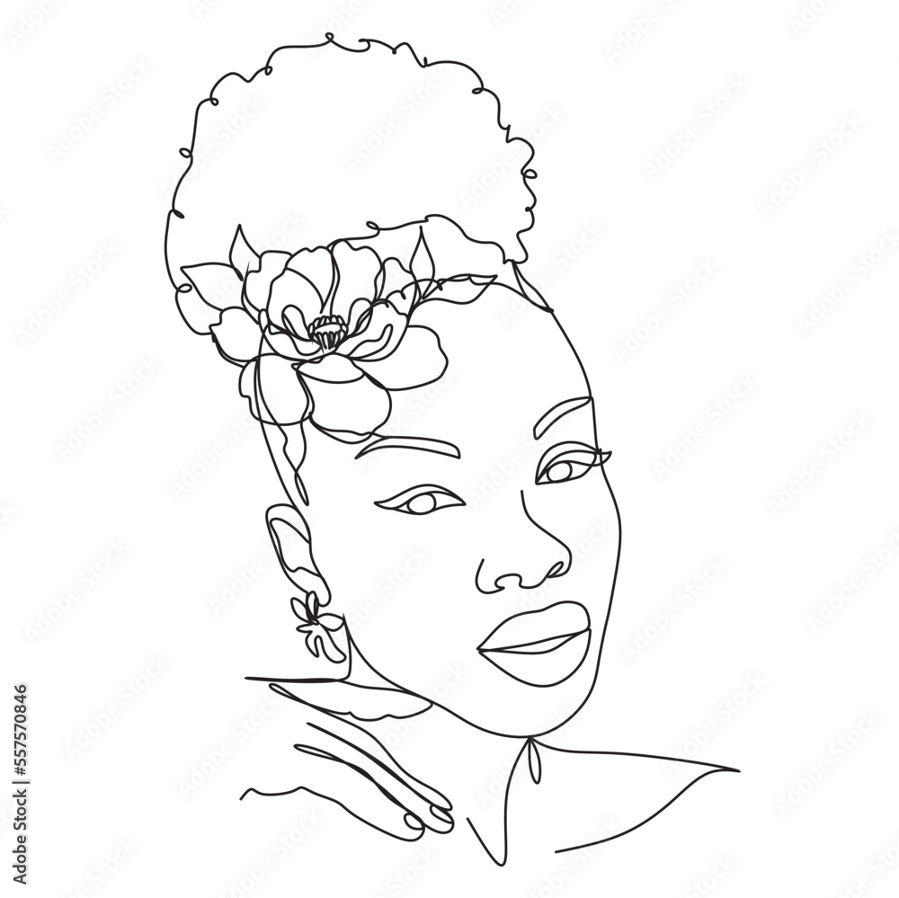 Line Art Woman Face Drawing. Black Woman Vector. Afro American Female ...