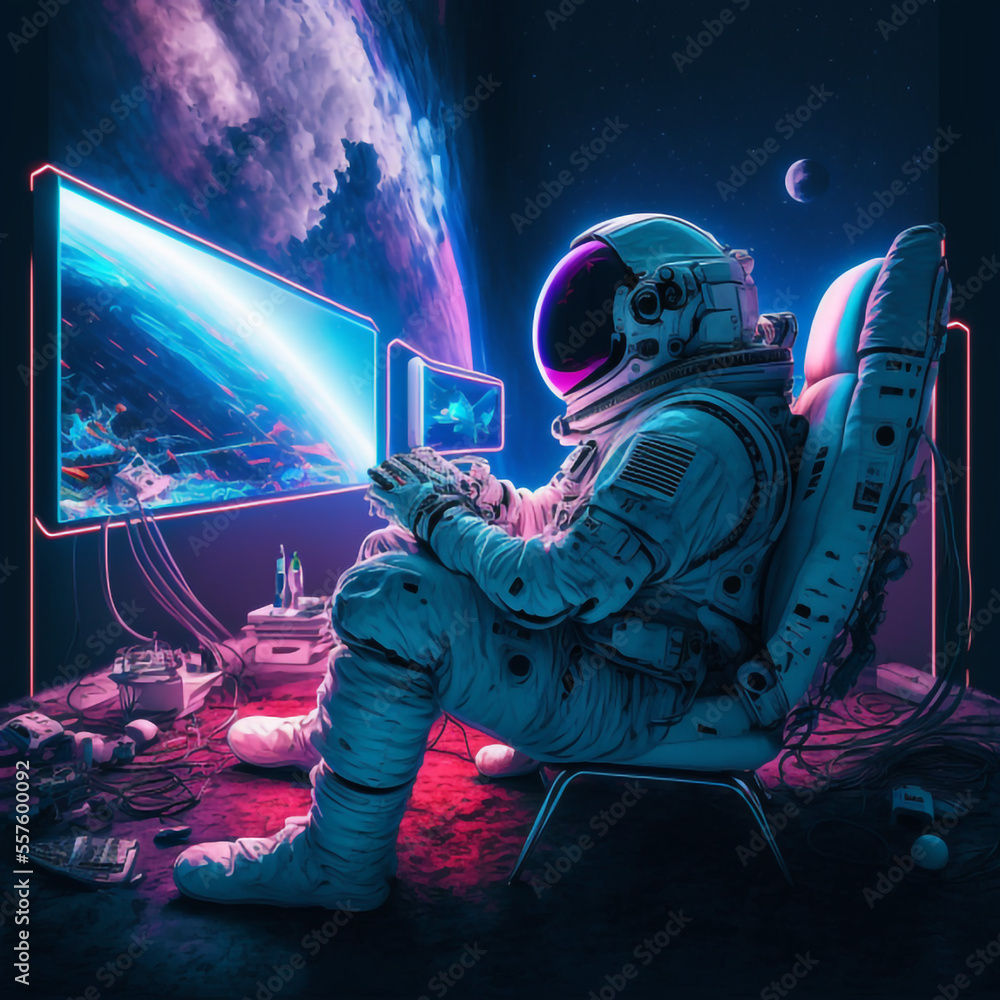 Astronaut gamer, neon space gamer, gaming in outer space. Stock ...