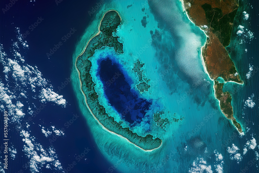 Sea in global satellite image, blue water seen from above. Tropical ...