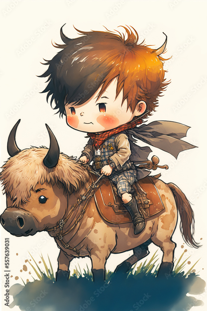 little cowboy riding a highland cow, AI assisted finalized in Photoshop ...