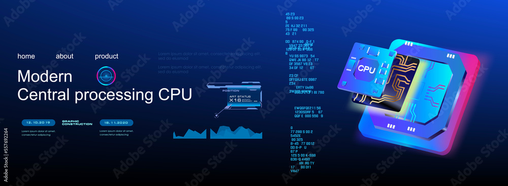 Presentation new generation processor. Microchip on futuristic techno background. Modern digital ...