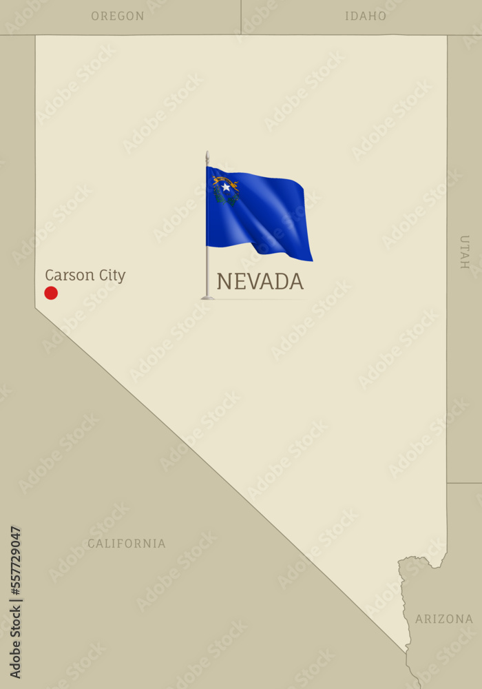 Map of Nevada USA federal state with waving flag. Highly detailed ...
