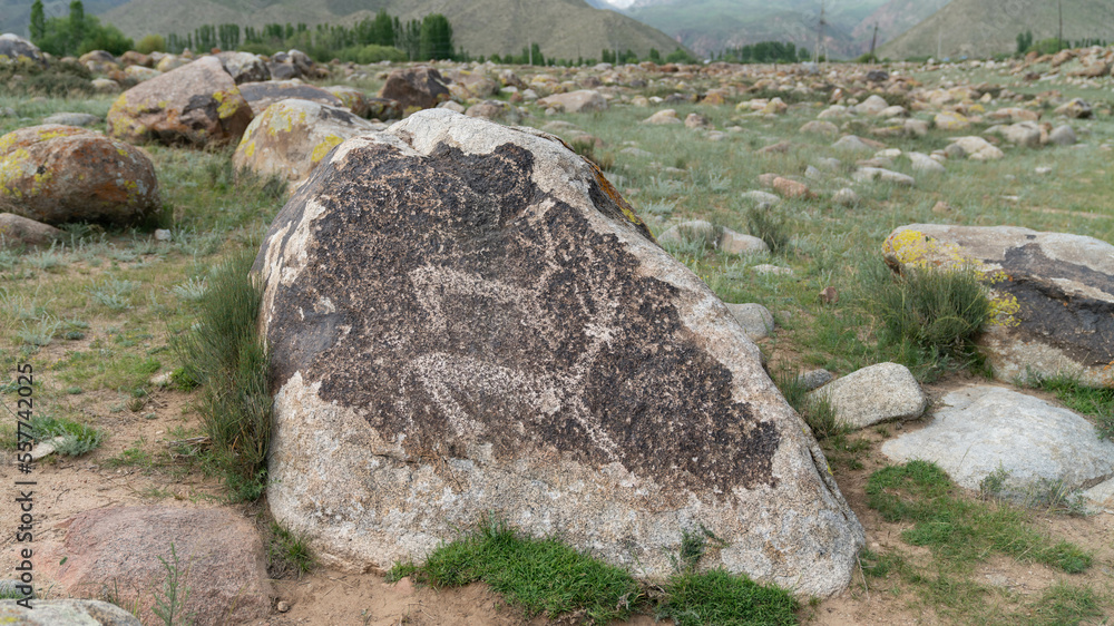 Foto de Stock Petroglyph in Kyrgyzstan. An ancient rock carving and ...