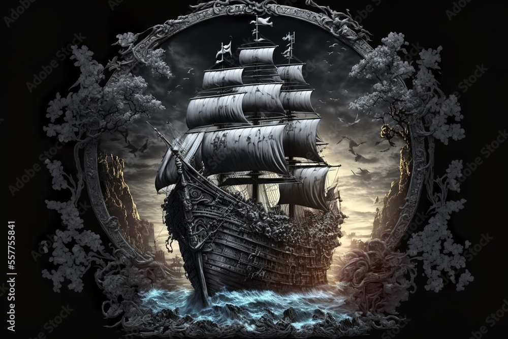 Pirate sailing ship gold and silver logo in Neverland with black ...
