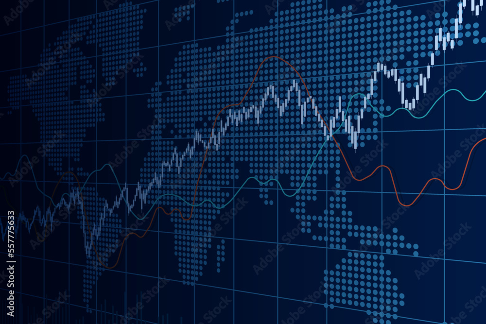 Candlestick chart, line graph and bar chart. World stock market index ...