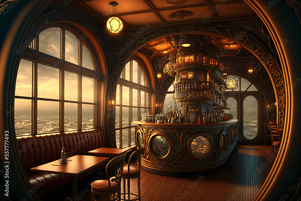 steampunk interior, cyberpunk club, fantasy retro bar, fictional ...