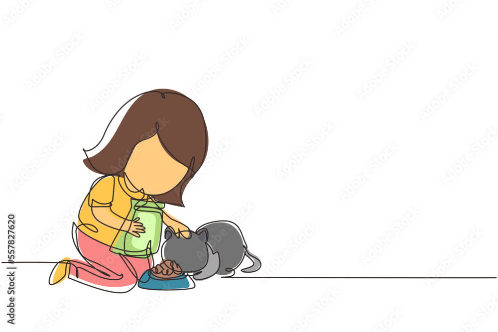 Continuous one line drawing cute smiling little girl feeding her cat at ...