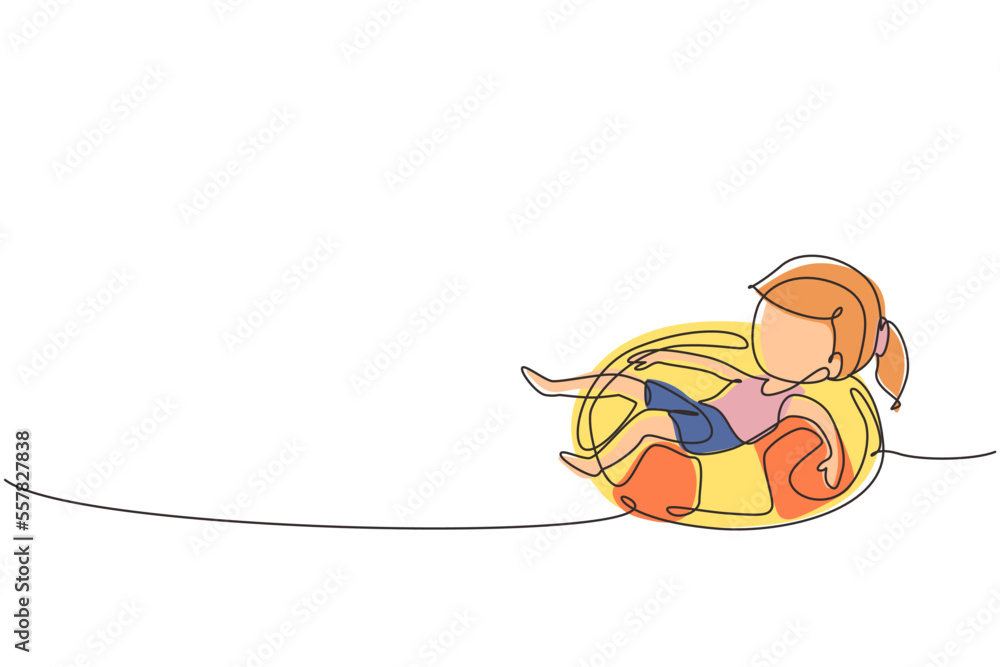 Continuous one line drawing little girl floating with lifebuoy with ...