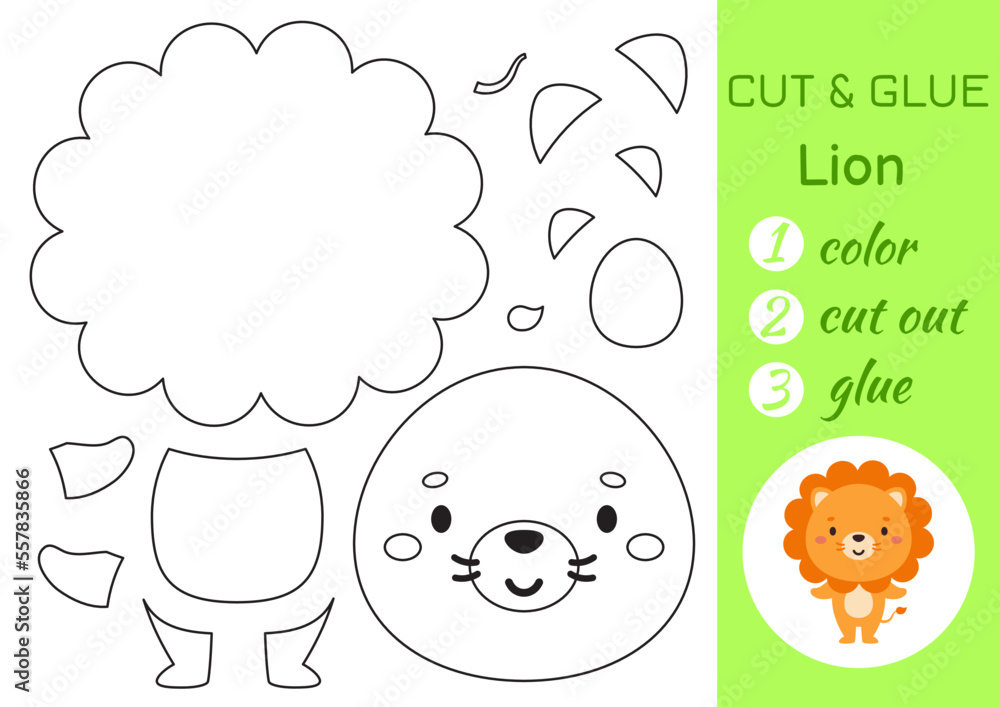 Color, cut and glue paper little lion. Cut and paste crafts activity ...