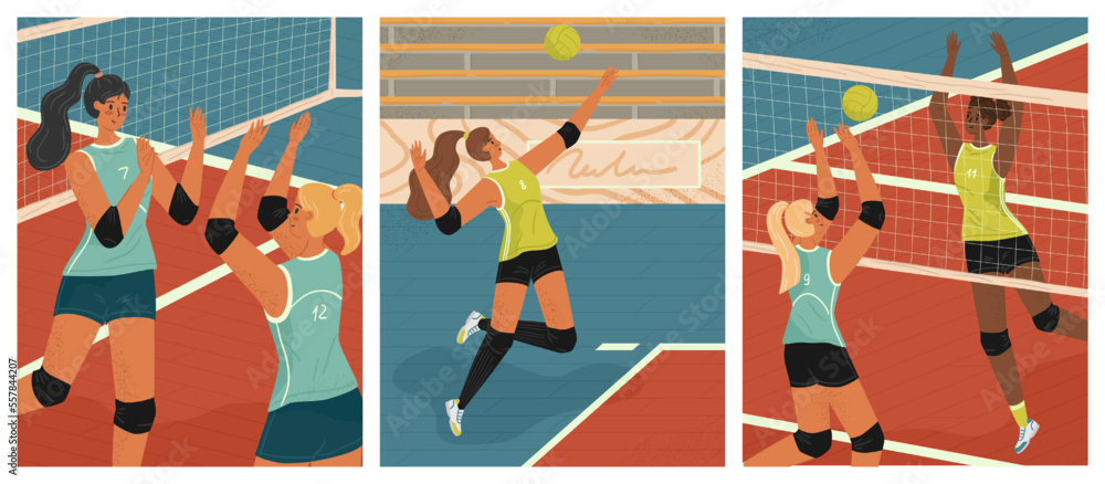 Volleyball female players in action vector posters set. Women ...