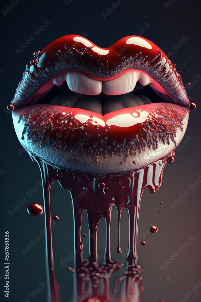 Red dripping girl lips. Woman bleeding sexy red mouth. Melting kiss with lipstick, gloss ...