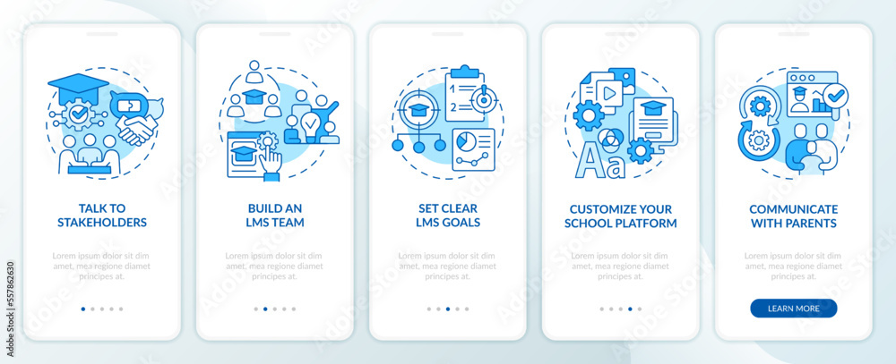 Launching school LMS blue onboarding mobile app screen. Walkthrough 5 ...