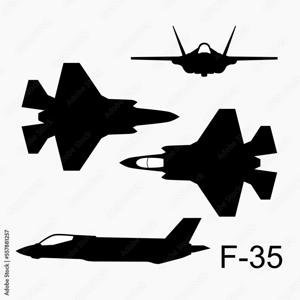 Silhouette illustration of F-35 Lightning II Aircraft. Black and white ...