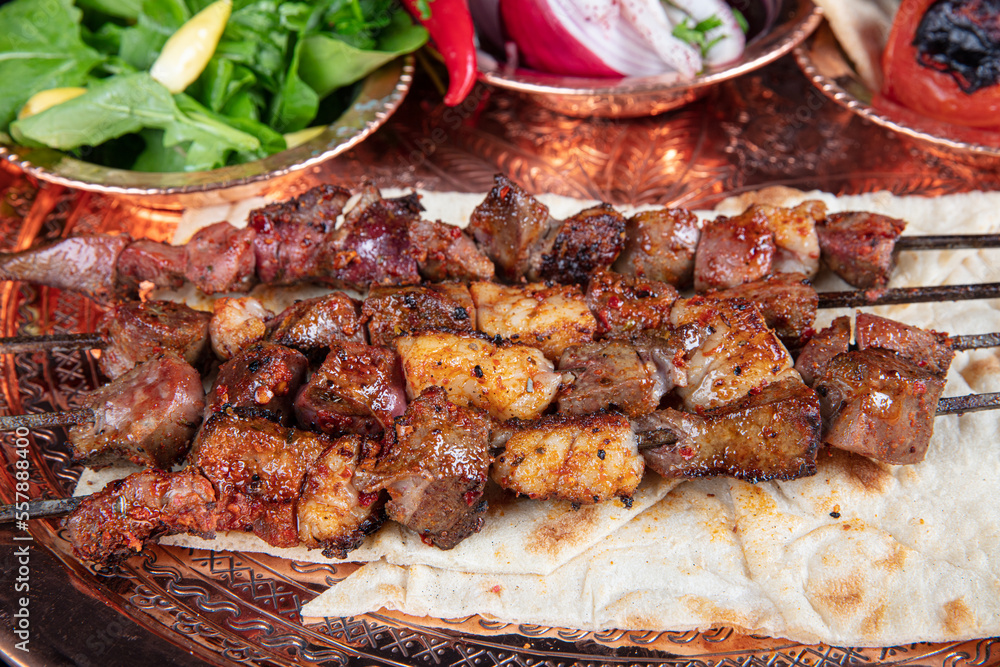 Liver kebab, one of Adana's special tastes. street flavors. Grilled ...
