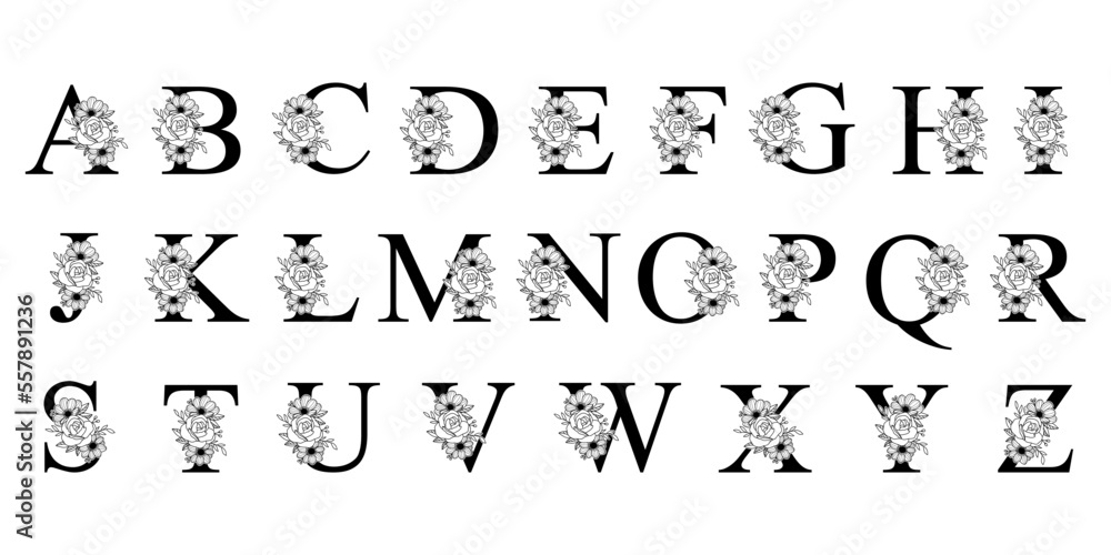 Floral Alphabet. Letters with flowers, leaves and branches. Hand drawn ...