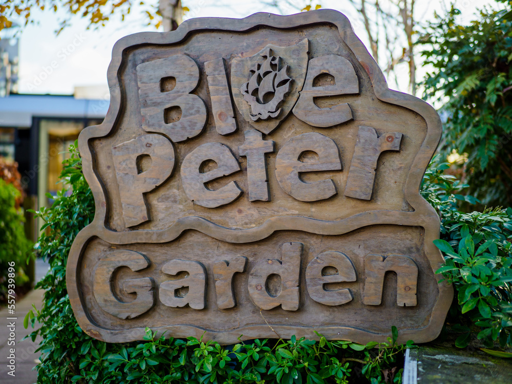 Blue Peter BBC TV show sign for garden Stock Photo | Adobe Stock