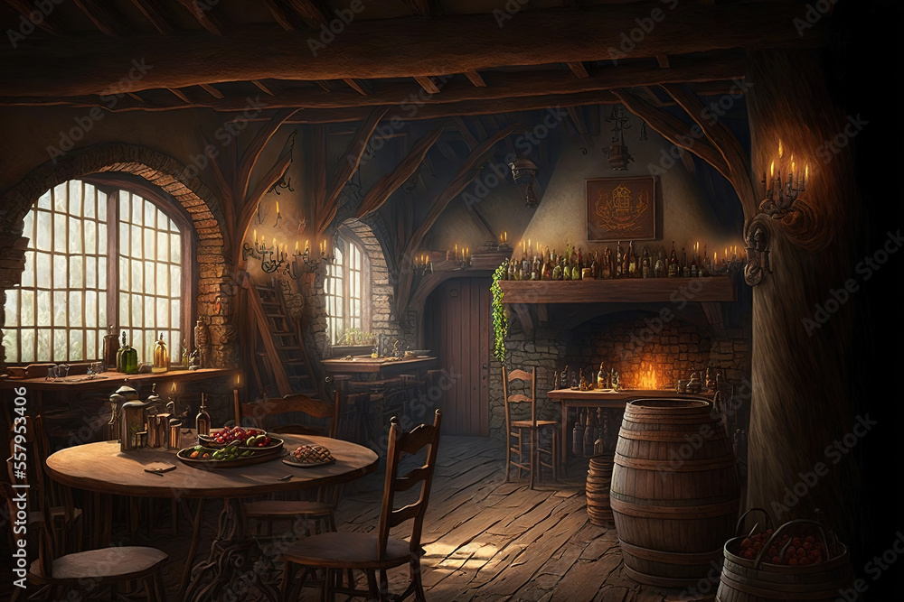 Medieval tavern interior, concept art Stock Illustration | Adobe Stock