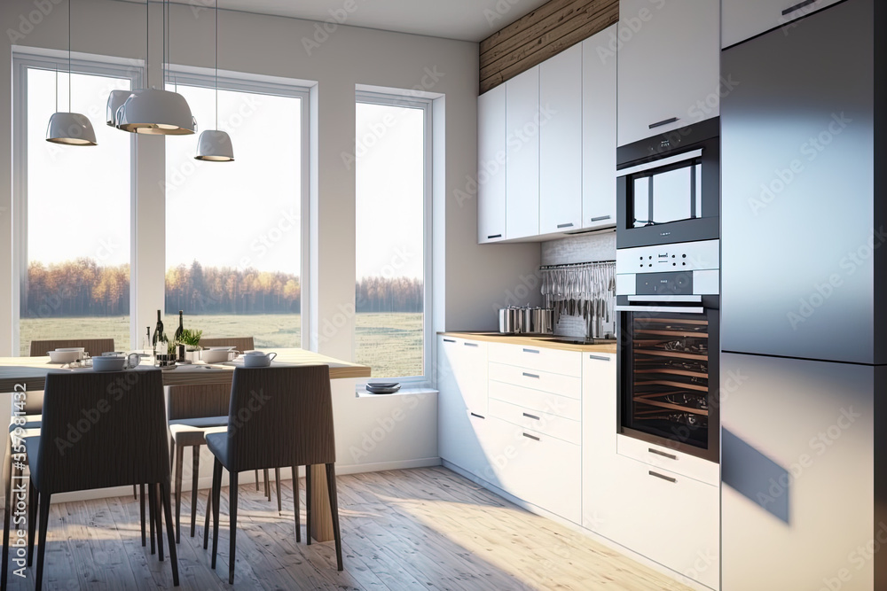 Modern kitchen nook with two ovens, a bar counter, white walls, and a ...