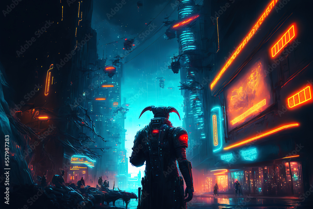 Futuristic neon cyberpunk city with the silhouette of an alien hero ...