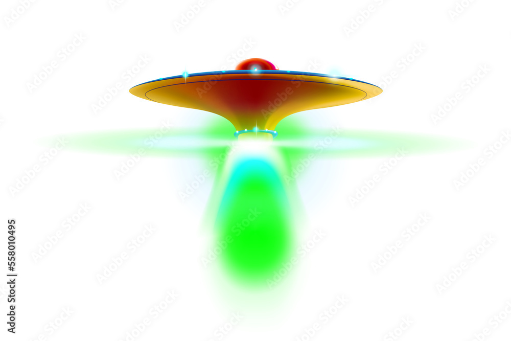 Aliens futuristic orange spaceship side view, ufo with lights. Invasion ...
