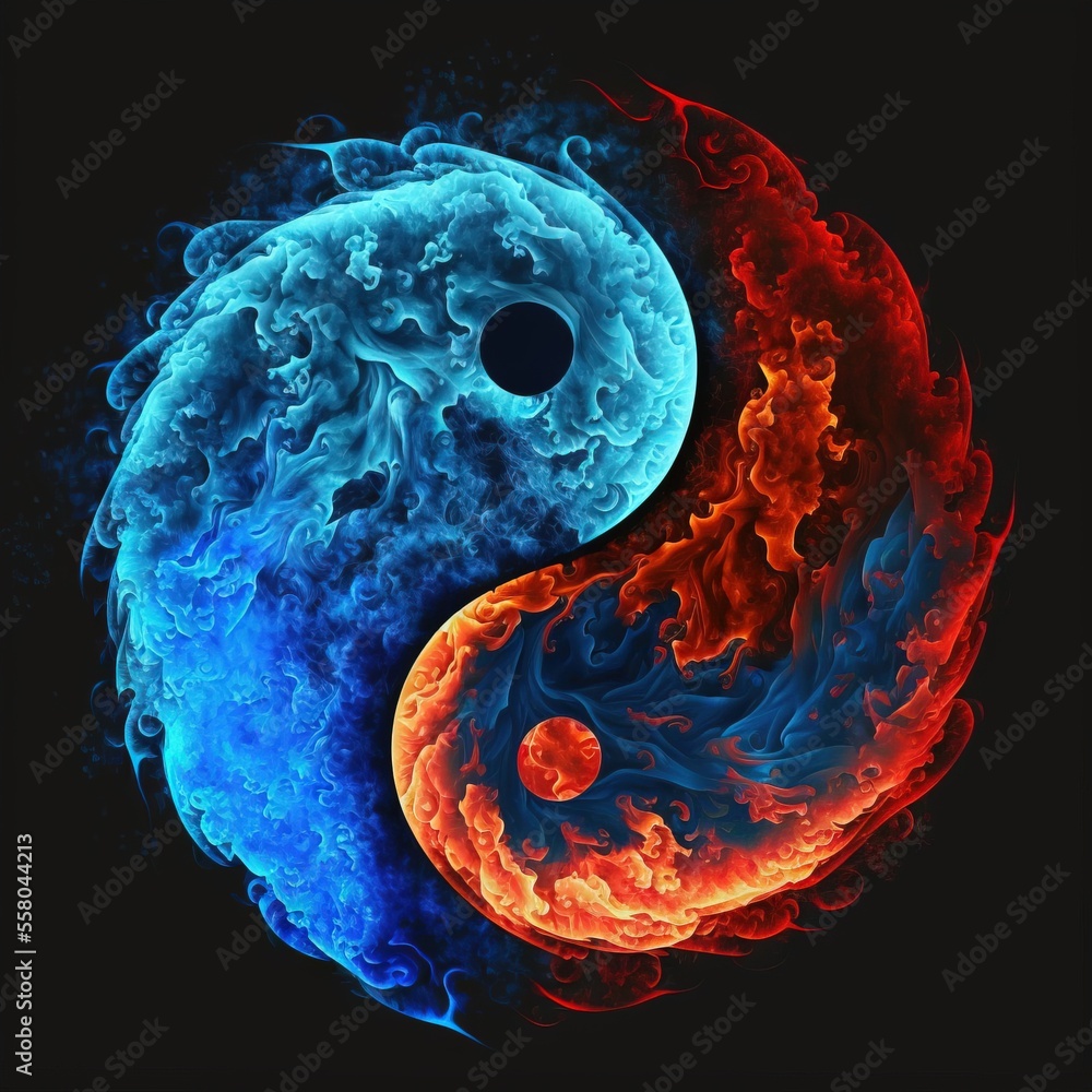a yin-yang symbol with two halves, one blue and one red, on a black ... a yin-yang symbol with two halves, one blue and one red, on a black ...