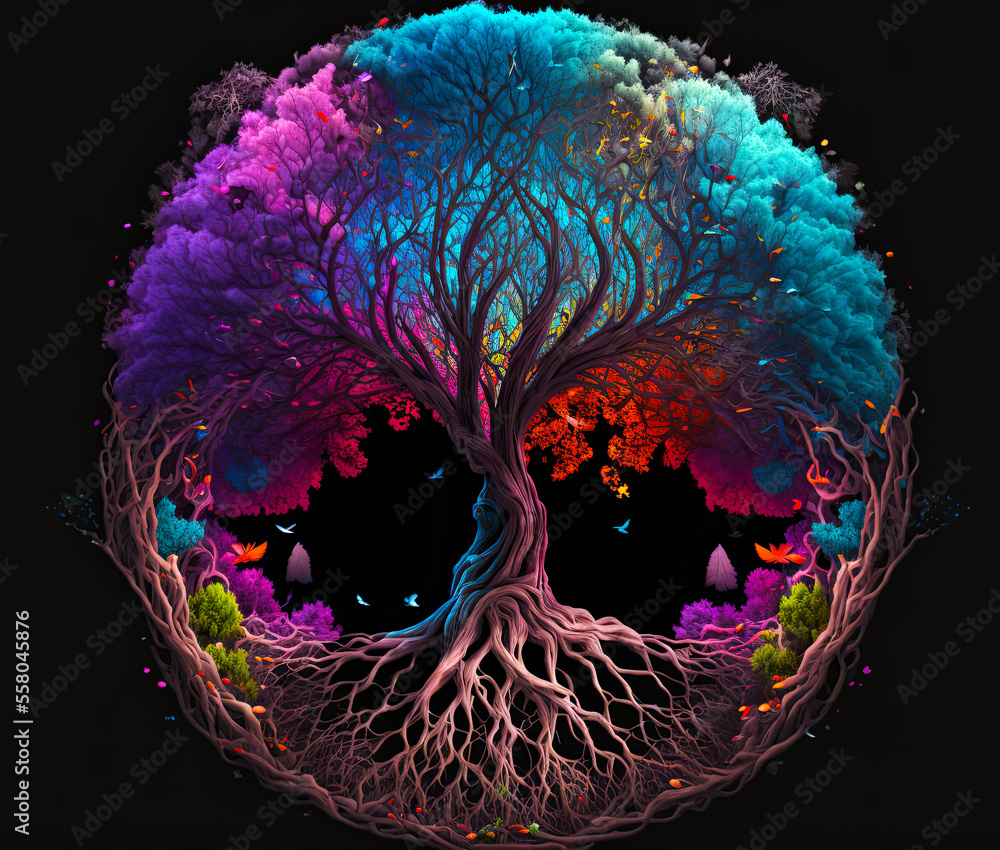 Tree of life circular roots, colorful foliage, birds, on black ...