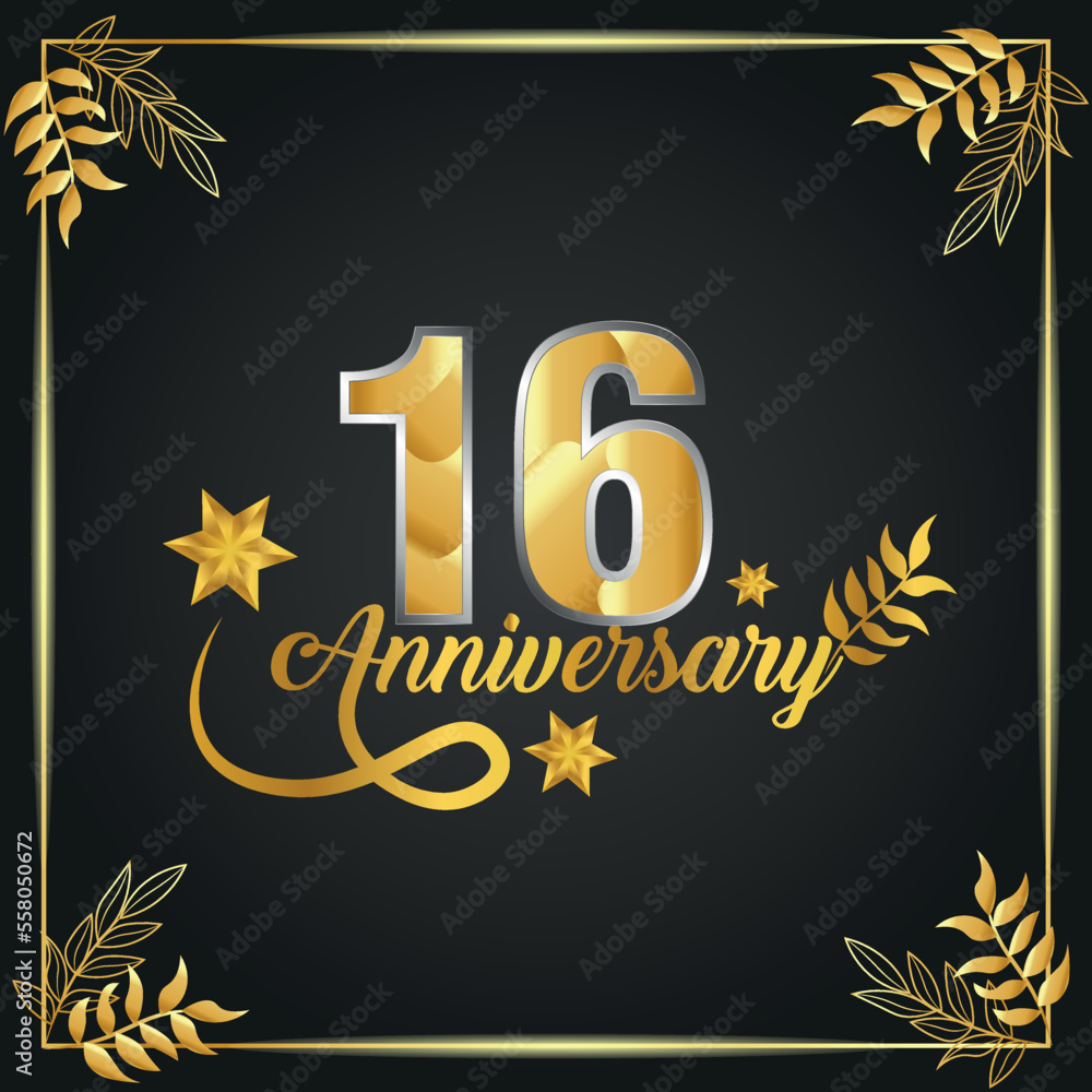 16 years old luxurious logo. anniversary year of vector gold colored ...