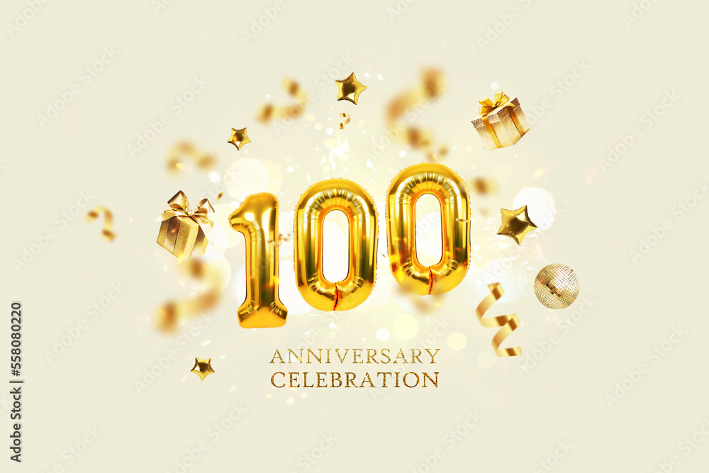 Gold Balloons 100 with golden gifts, confetti, stars and a mirrored ...