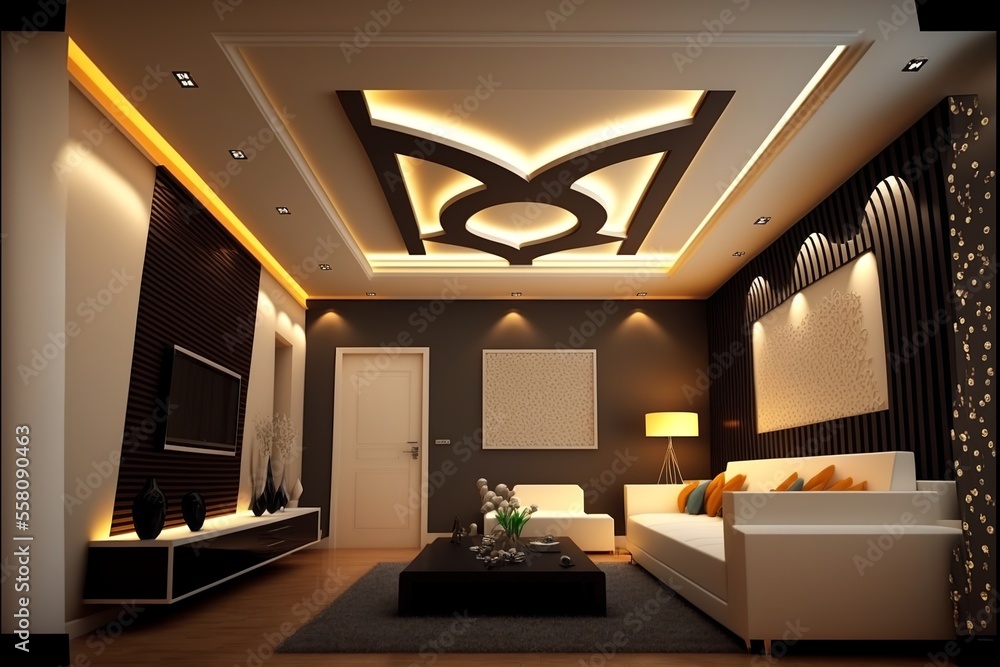 False ceiling made of plasterboard, in a sophisticated and stylish ...