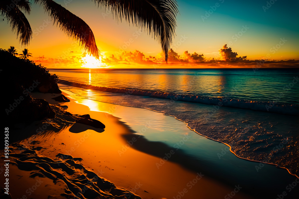 Sunset on a tropical beach. Paradise beach sunset view. Tropical ...